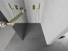 Mexen Kioto+, sprchová zástěna Walk-In s poličkou a věšákem 140 x 200 cm, 8mm sklo vzor zrcadlo, zlatý matný profil, 800-140-121-55-50