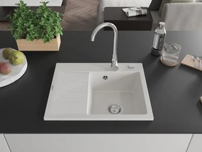 Mexen Ben granitový dřez s odkapávačem, pravý, 600 x 500 mm, bílý, sifon chrom - 6523605000-20