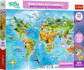 TREFL Puzzle Treflíci: Mapa světa se zvířaty / 104 dílků / 60 × 40 cm
