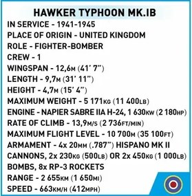 COBI 5864 II WW Hawker Typhoon Mk. IB / 190 kostek / 1:48 / od 6 let