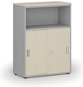 Kombinovaná kancelářská skříň se zásuvnými dveřmi PRIMO GRAY, 800 x 420 x 1087 mm, šedá/bříza