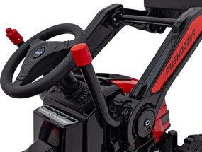 Ramiz Dětský bagr-traktor na baterie červený + pohyblivé rameno s lžící + dálkové ovládání + pomalý start + FM rádio + LED