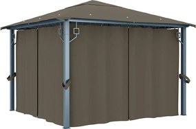 Altán se závěsy a světelnými LED řetězy 3 x 3 m taupe hliník 3070334