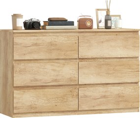 HOMCOM komoda 6 zásuvek úložný nábytek bez úchytek minimalistický design 120 x 39 x 75 cm dub
