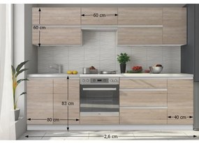 Kuchyňská sestava LINE 260 cm, bílá a dub sonoma