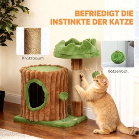 PawHut Škrabadlo 53 cm vysoké, kočičí strom s jeskyní, design kmene stromu, jutové stromy, 2 míčky pro 1-2 kočky do 5 kg, hnědo+zelené