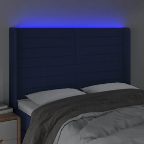 Čelo postele s LED modré 147 x 16 x 118/128 cm textil 3124192