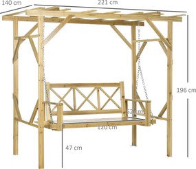 Outsunny houpačková lavice s pergolou pro 2 osoby, výškově nastavitelná, rám z masivního dřeva, 2,21 x 1,40 x 1,96 m