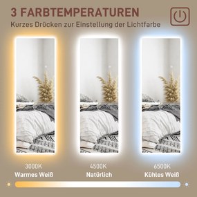 HOMCOM celoplošné zrcadlo 40 x 120 cm stojící zrcadlo s LED světlem, nástěnné zrcadlo s dotykovým ovládáním, bezrámové podlahové zrcadlo, do ložnice,…