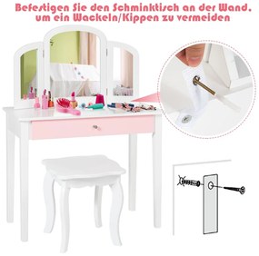 Dětský toaletní stolek 2 v 1 s trojitým skládacím zrcadlem a šuplíkem v bílé barvě
