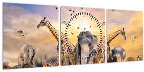 Obraz - Africká zvířata (s hodinami) (90x30 cm)
