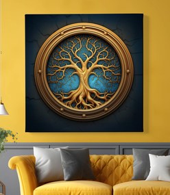 Obraz na plátně - Zlatý strom života se zářící modrou aurou FeelHappy.cz Velikost obrazu: 100 x 100 cm