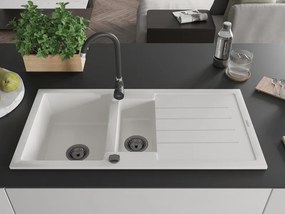 Mexen Andres, granitový dřez 1000x500x200 mm, 1,5-komorový, bílá s černým sifonem, 6515101510-20-B