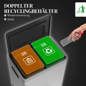 Odpadkový koš, odpadkový koš s víkem a nožním pedálem, nerezová ocel, 2x 20 litrů, stříbrný