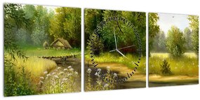 Obraz - Řeka u lesa, olejomalba (s hodinami) (90x30 cm)