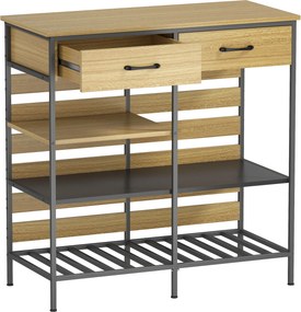 HOMCOM bufet do kuchyně, úložný nábytek se 2 zásuvkami a 3 otevřenými regály, 90 x 40 x 91 cm, přírodní dřevo a černá