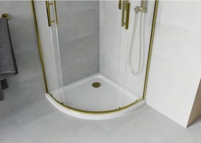 Mexen Rio, čtvrtkruhový sprchový kout s posuvnými dveřmi 80 (dveře) x 80 (dveře) x 190 cm, 5mm sklo námraza, zlatý profil + bílá sprchová vanička SLIM, 863-080-080-50-30-4110G