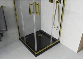 Mexen Rio, čtvercový sprchový kout s posuvnými dveřmi 70 (dveře) x 70 (dveře) x 190 cm, 5mm čiré sklo, zlatý profil + černá sprchová vanička SLIM se zlatým sifonem, 860-070-070-50-00-4070G