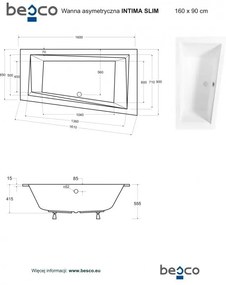 BESCO Asymetrická vana INTIMA SLIM Nožičky k vaně - Bez nožiček, Rozměr vany - 150 × 85 cm, Způsob provedení - Levé - VANINTI15SLIML