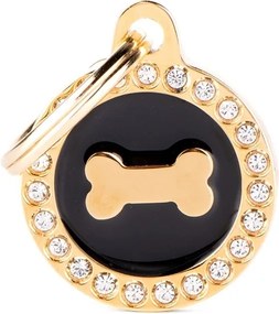 Psí známka MY FAMILY Černý kruh se zlatou kostí s kamínky Swarovski