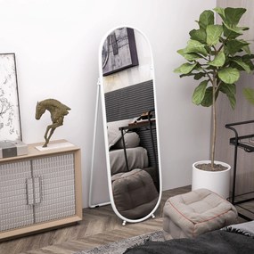HOMCOM Zrcadlo na celé tělo, 160 x 40 cm Nástěnné zrcadlo se stojanem, Kovový rám, Oválné podlahové zrcadlo do obývacího pokoje, ložnice, Bílá