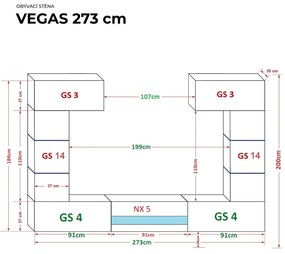 Ral Obývací stěna VEGAS 4, 273 cm - Bílý lesk