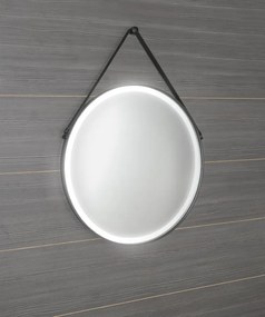 Sapho Sapho, ORBITER LED podsvícené kulaté zrcadlo s koženým popruhem, o 60cm, černá mat