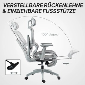HOMCOM Kancelářská židle, ergonomická židle k psacímu stolu s potahem ze síťoviny, nastavitelná, na kolečkách, s opěrkami rukou, opěrkou hlavy, šedá
