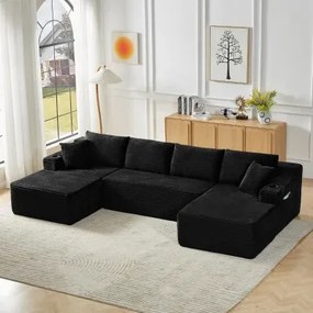 Aosom Modulární U-tvarované bezkostrové sametové sofa, s hlubokým sedadlem, vhodné do obývacího pokoje, 339D x 168Š x 64V cm, černá