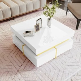 Aosom Konferenční stolek bílý lesklý 70x70 cm se zlatými akcenty a zásuvkami pro obývací pokoje moderních domácností