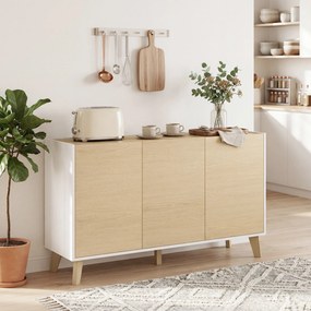 HOMCOM kuchyňské buffet, severský úložný nábytek, 3 dveře se soft-close, 6 přihrádek, přírodní vzhled dřeva a bílá