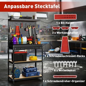 Pracovní stůl 80 x 40,5 x 155 cm Lavice na nářadí s perforovaným panelem, háčky, zásuvkou, 2 policemi pro dílnu Černá barva