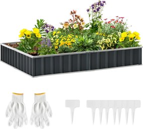 Outsunny DIY ocelový vyvýšený zahradní záhon ve tvaru T se štíty na rostliny a rukavicemi, tmavě šedý pro snadné zahradničení