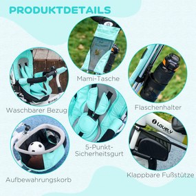 Dětská tříkolka, dětské kolo, zadní košík, držák na nápoje, sluneční stříška, kov, zelená barva