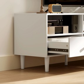 TV stolek HOMCOM s přihrádkami a šuplíky, 140 cm dlouhý TV konzole pro TV do 75 palců s úložným prostorem a organizací kabelů, bílý 140x34x45cm