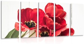 5-dílný obraz červené tulipány v rozkvětu - 200x100 cm