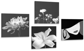 Set obrazů elegance ženy a květin v černobílém provedení - 4x 60x60 cm