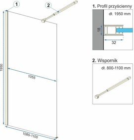 Rea Aero Ombre, sprchová zástěna Walk-In 110x195 cm, 8mm čiré sklo s bílým vzorem, zlatý matný profil, REA-K2465