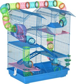 PawHut klec pro křečky a malé zvířata s více úrovněmi, 4 platformami, miskou na jídlo, láhví na vodu, běhacím kolečkem, schody, systém trubek 47x30x5…