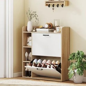 HOMCOM Botník na 15 párů bot, moderní botník se 2 sklápěcími přihrádkami, 83x24x90,5 cm, optika přírodního dřeva