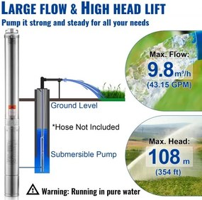 Hlubinné ponorné čerpadlo Vodní čerpadlo z nerezové oceli 1500 W 9,8 m³/h 108 m