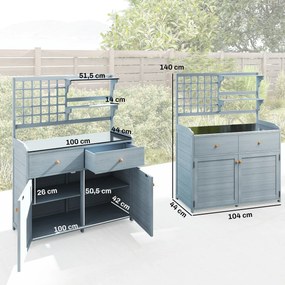 Outsunny světle šedý zahradní stůl na přesazování se skříňkou a pozinkovanou pracovní deskou, 2 zásuvky — 104 x 44 x 140 cm