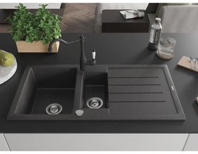 Mexen Andres, granitový dřez 1000x500x200 mm, 1,5-komorový a dřezová baterie Carla, černá skvrnitá, 6515-76-670700-70
