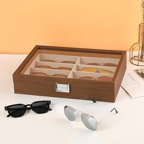 eCarla Organizér na brýle, box s víkem k uložení 8 brýlí, imitace dřeva