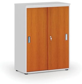 Kancelářská skříň se zasouvacími dveřmi PRIMO WHITE, 1087 x 800 x 420 mm, bílá/třešeň