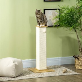 PawHut škrabadlo pro kočky 38L x 38W x 80H cm stabilní a bezpečné se škrabací deskou hracími míčky ze sisalu dub krémově bílý úspora místa