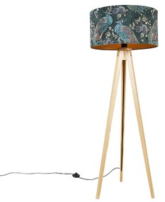 Moderní stojací lampa ze dřeva, látkové stínítko páv 50 cm - stativ Classic