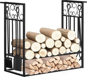 HOMCOM Stojan na dřevo s krbovými nástroji, Dřevník, Úložiště na dřevo, Sada krbových nástrojů, Ocel Černá 75 x 30 x 60 cm | Aosom