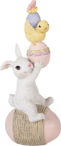 Dekorace bílý králík na vajíčku držící kuřátko - 8*6*19 cm