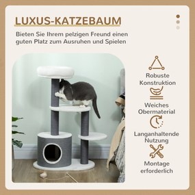 Škrabadlo s 1 jeskyní pro kočky, 1 pelíškem pro kočky, 2 plošinami, sloupky z jutového provazu, bílé + šedé barvy